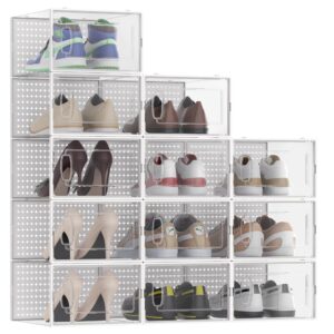 fkprorjv 12 pack large shoe storage box organizer for closet, versatile clear plastic stackable sneaker shoe rack containers bins holders, portable closet organizers and storage, white