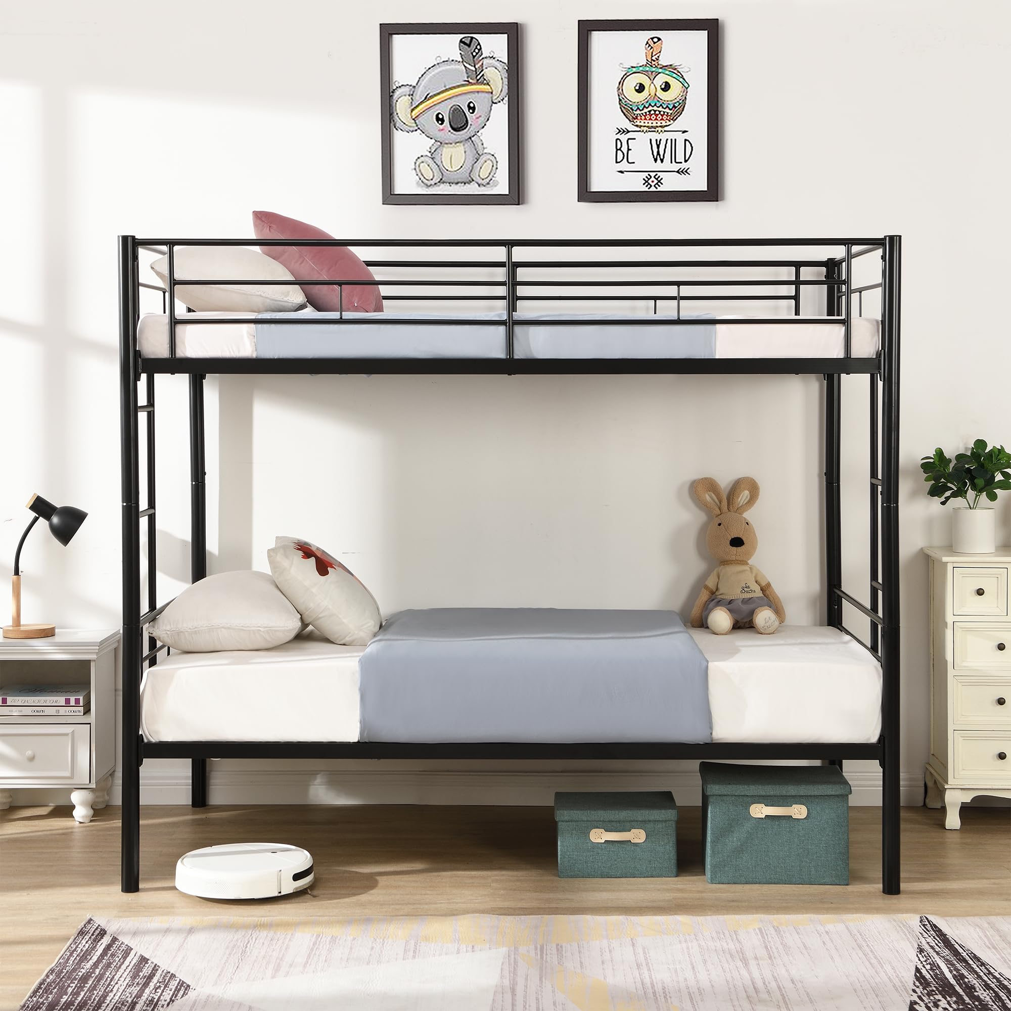 Yehha Metal Bunk Beds for Kids & Youths, Twin Over Twin Bunk Bedframe with 2 Ladders and Full-Length Guardrail, No Box Spring Needed, Noise Free, Convertible 2 Beds, Young Black