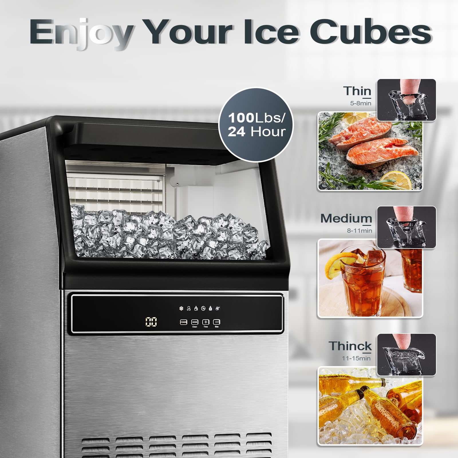 Antarctic Star Commercial Ice Maker, Cubic Ice Machine with Self-Cleaning Function, 100Lbs/24 H, LED Display, 30 Lbs Ice Storage Bin, 48 H Timer Setting, Freestanding Party/Bar/Restaurant