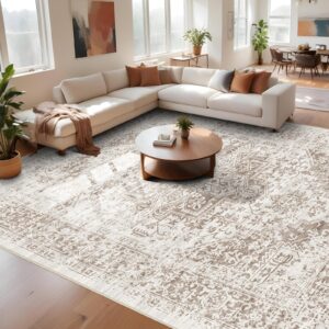 eisurom 9x12 large area rug - vintage washable rug for living room with non-slip low-pile traditional medallion border rugs with stain resistant foldable retro accent rug indoor thin rug