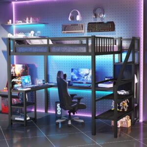 full size loft bed with stairs and desk, metal gaming loft bed with rgb led light, heavy-duty steel loft bed frame with storage wardrobe, shelves and charging station for adults kids teens, black