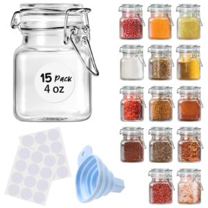 skoche spice jars 15 pack - 4 oz small glass jars with airtight hinged lids, spice herb jars with labels and silicone funnels, 4oz glass jars with lids ideal for spice herbs