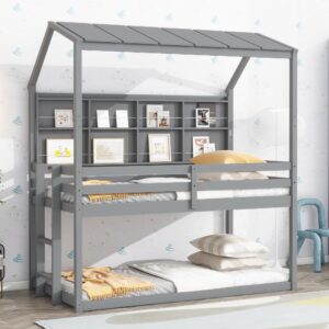 bellemave twin size house bunk bed with bookshelves for kids,twin over twin floor bunk beds with semi-enclosed roof,solid wood twin size low bunk bed for girls boys,gray