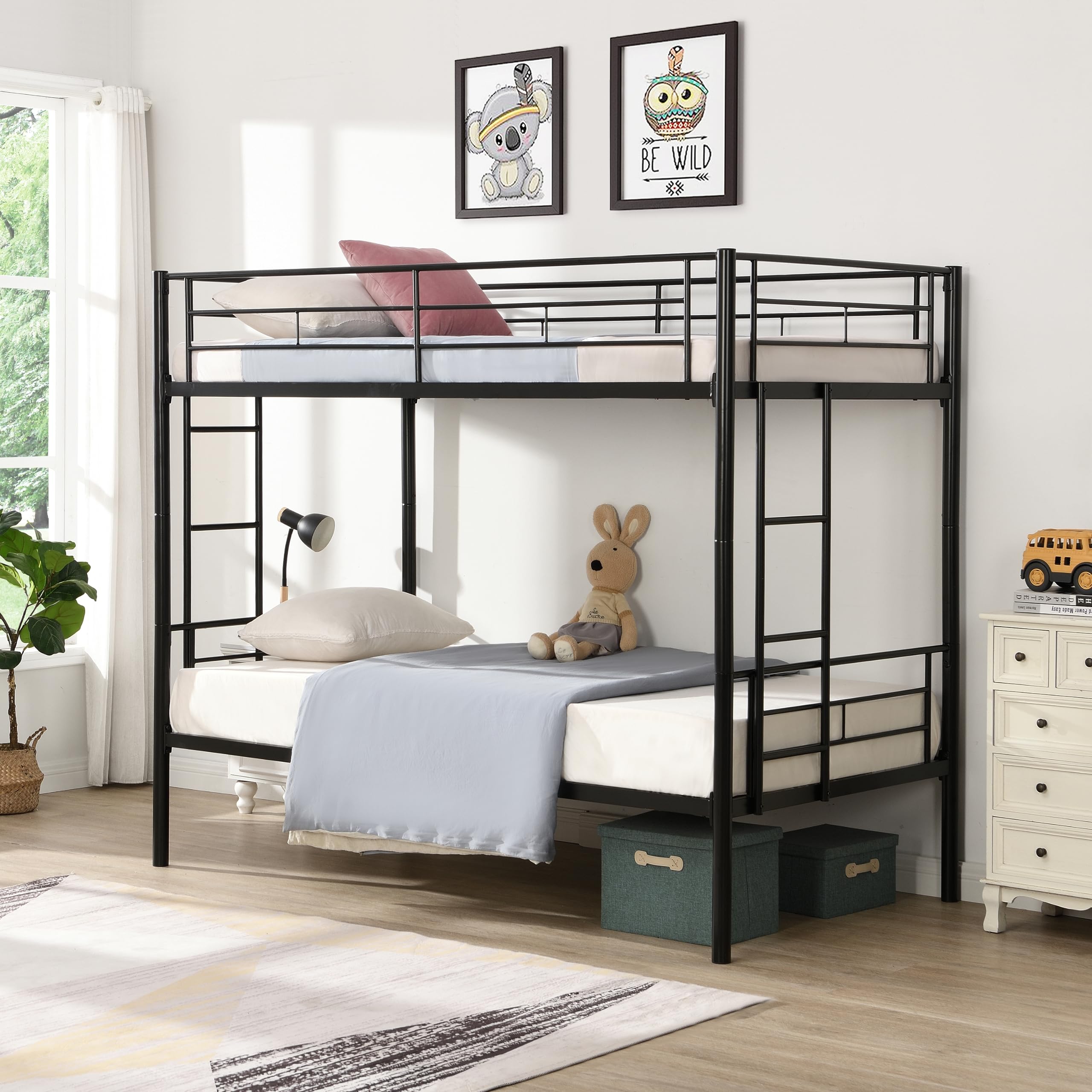 Yehha Metal Bunk Beds for Kids & Youths, Twin Over Twin Bunk Bedframe with 2 Ladders and Full-Length Guardrail, No Box Spring Needed, Noise Free, Convertible 2 Beds, Young Black