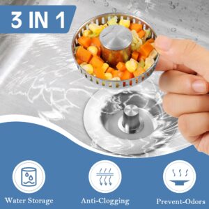 Kitchen Sink Drain Strainer 3 in 1, 304 Stainless Steel Pop Up Sink Stopper, Anti-Clogging Sink Drain Strainer for US Standard Kitchen Drain (SUS304 Brushed)