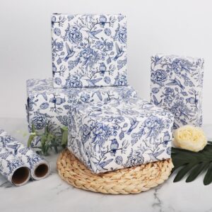 1 Roll Blue Floral Bird Wrapping Paper Mini Roll 17in x 32.8Ft Blue White Flowers Bird Pattern Gift Wrap Paper Vantege Floral Paper for Birthday Wedding Baby Shower Party Wrapping Supplies