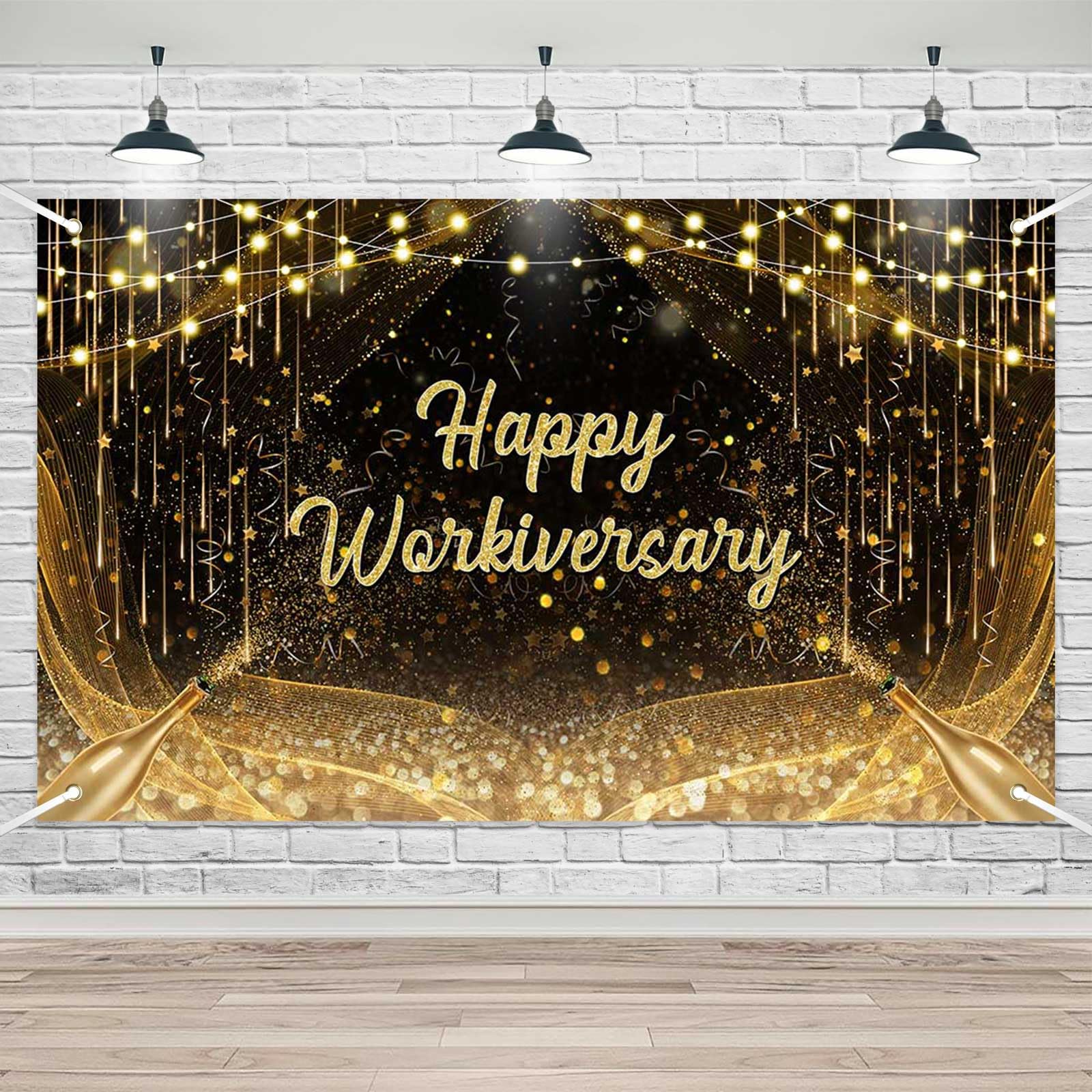 Lofaris Happy Work Anniversary Decorations Black Gold Happy Workiversary Banner Background for Office Party Staff Banner Employee Appreciation Party Decoration 70.8x43.3inch