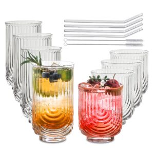 insetlan water drinking glasses set of 8-4 highball glasses 14 oz, 4 rocks glass cups 12 oz, arch design cocktail glasses, vintage glassware, with glass straw, for beverages ice coffee juice water