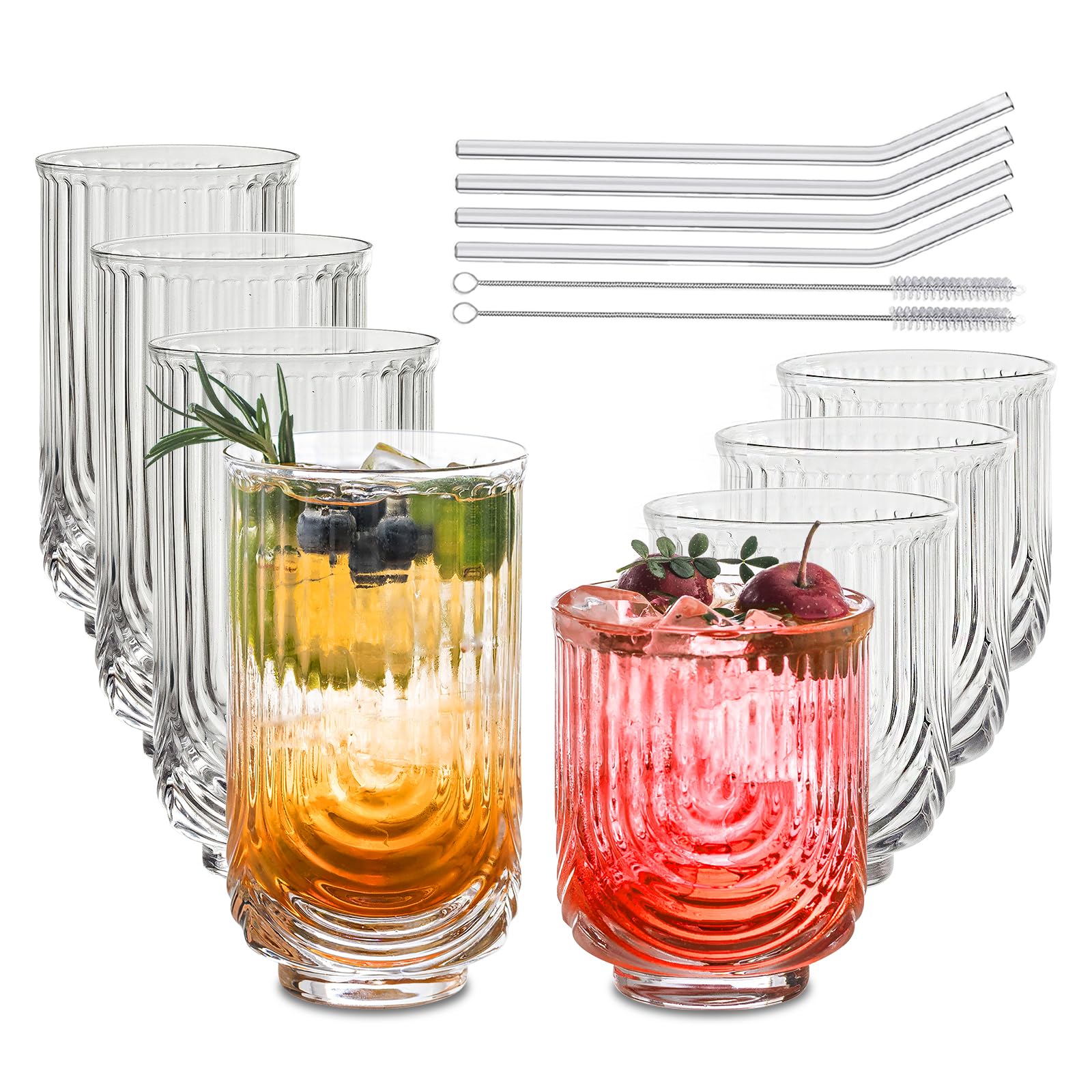 INSETLAN Water Drinking Glasses Set of 8-4 Highball Glasses 14 oz, 4 Rocks Glass Cups 12 oz, Arch Design Cocktail Glasses, Vintage Glassware, With Glass Straw, for Beverages Ice Coffee Juice Water