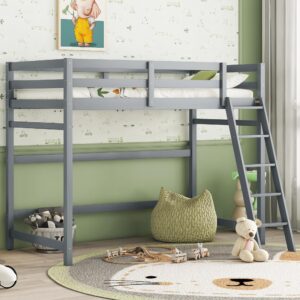 bellemave twin size loft bed with ladder, wooden loft bed for kids teens, loft bed for girls, boys, gray