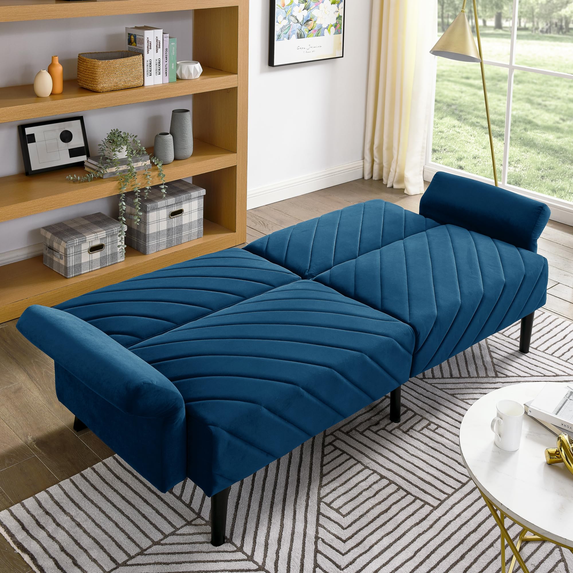 Haplized Modern Convertible Sofa Bed,Velvet Futon Couch Folding Tufted Sofa Couch with Adjustable Armrests for Apartment,Living Room,Blue