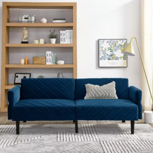 Haplized Modern Convertible Sofa Bed,Velvet Futon Couch Folding Tufted Sofa Couch with Adjustable Armrests for Apartment,Living Room,Blue