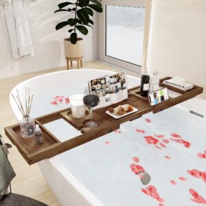 Teak Bathtub Tray - Luxury Bath Tray with Expandable Handles, Wine Glass and Phone Holders, Book Stand - Perfect for Home Spa Relaxation and Reading - Natural Bath Accessories