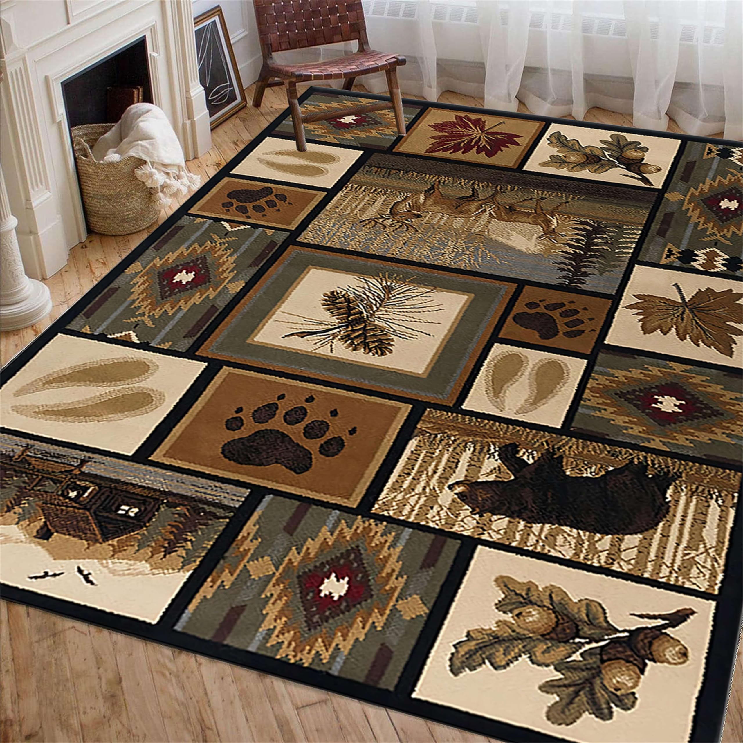 Srocvi Bear Area Rug Rustic Cabin or Lodge Themed Rug with Bear Deer Elk Moose Track and House Prints Brown Stitching Hallway Carpet Retro Washable Non Skid Throw Mat for Nursery Home Office, 6x9ft