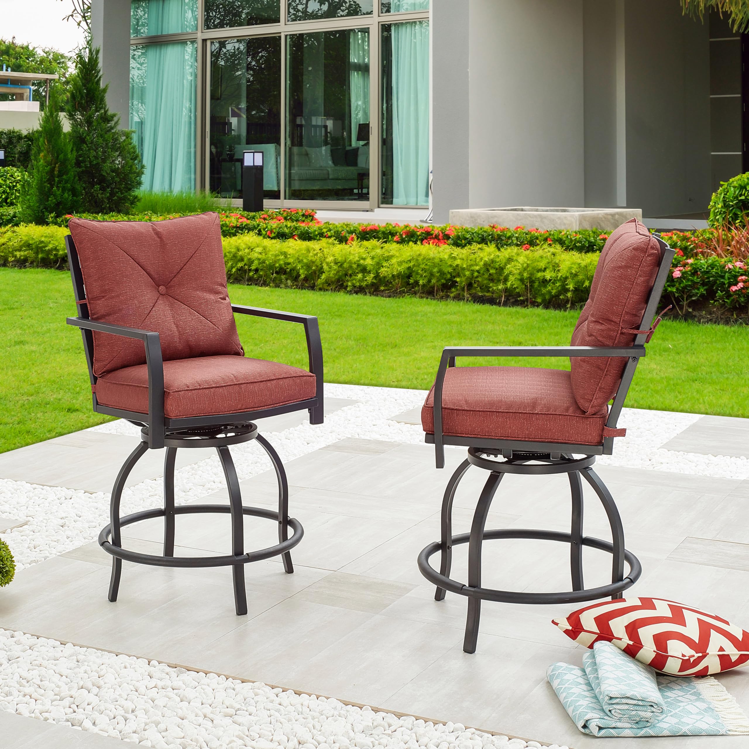 LOKATSE HOME 2 PCS Outdoor Patio Bar Height Swivel Chairs with Seat and Back Cushions, for Backyard, Garden, Bistro, Deck, Poolside, Red