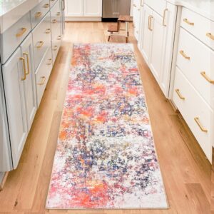 DELISEPT Washable Runners for Hallways 2x6 Runner Rug Non Slip Soft Kitchen Runner Rugs Abstract Non Skid Accent Print Faux Wool Carpet Runners for Entryway Laundry Room Entrance, Pink/Multi