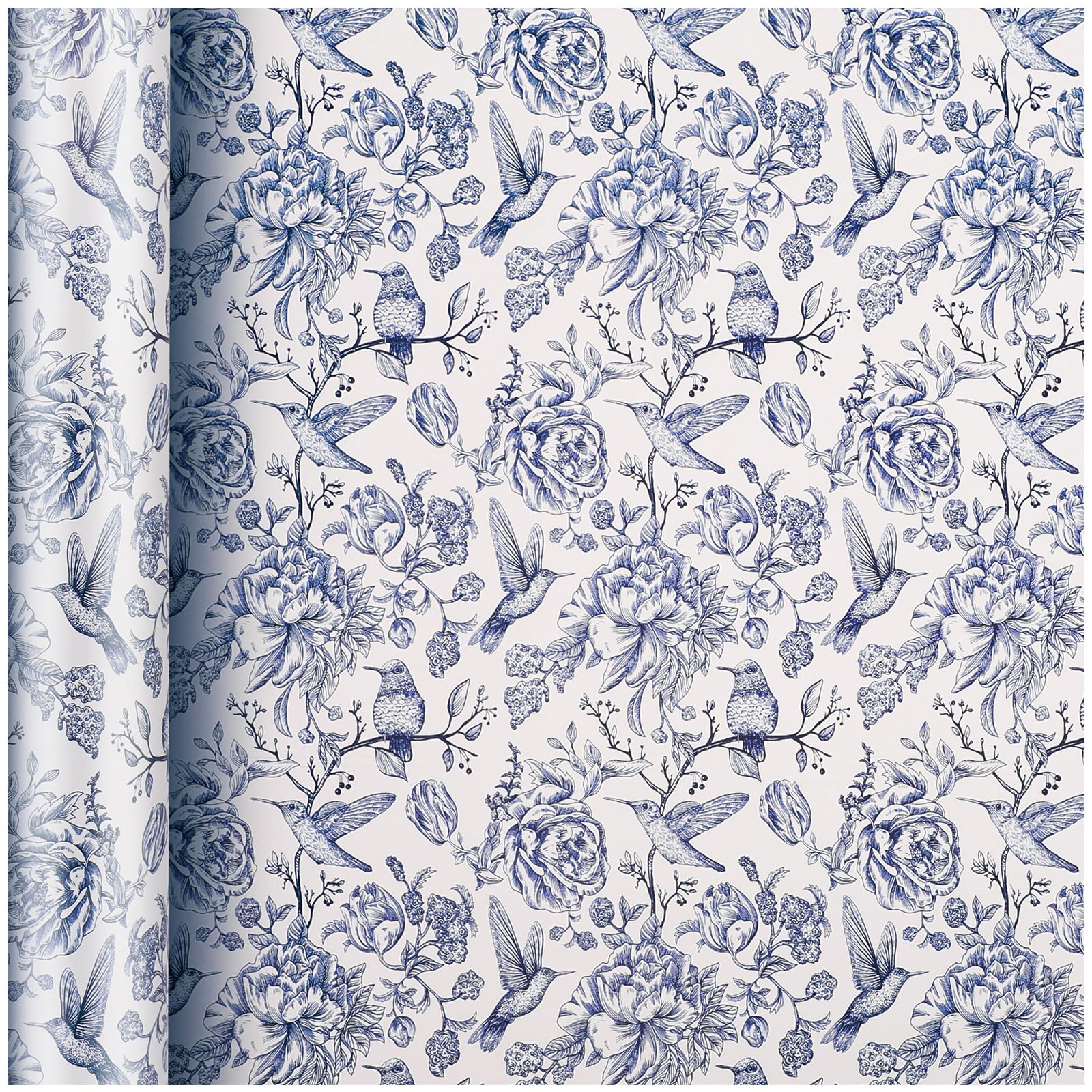 1 Roll Blue Floral Bird Wrapping Paper Mini Roll 17in x 32.8Ft Blue White Flowers Bird Pattern Gift Wrap Paper Vantege Floral Paper for Birthday Wedding Baby Shower Party Wrapping Supplies