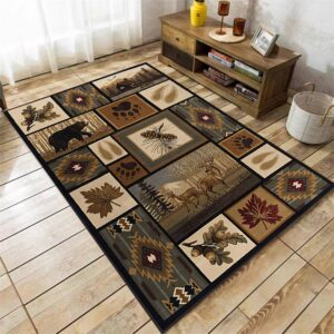 Srocvi Bear Area Rug Rustic Cabin or Lodge Themed Rug with Bear Deer Elk Moose Track and House Prints Brown Stitching Hallway Carpet Retro Washable Non Skid Throw Mat for Nursery Home Office, 6x9ft