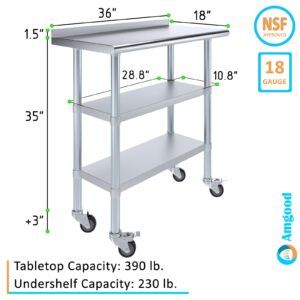 AmGood Stainless Steel Work Table with 1.5" Backsplash and 2 Shelves with Wheels | Metal Kitchen Food Prep Table | NSF (36" Long x 18" Deep)