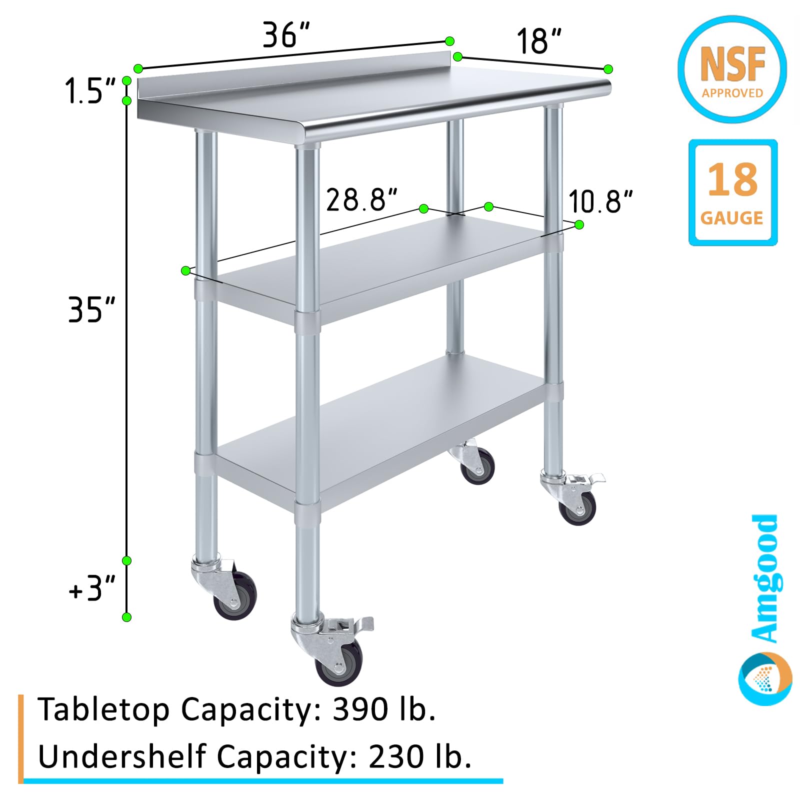 AmGood Stainless Steel Work Table with 1.5" Backsplash and 2 Shelves with Wheels | Metal Kitchen Food Prep Table | NSF (36" Long x 18" Deep)