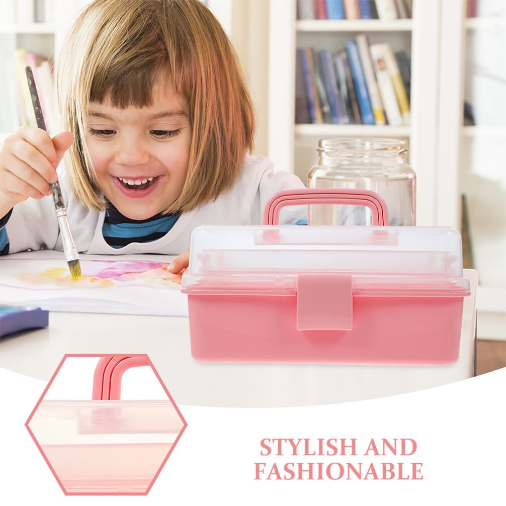 SEWACC Craft Box, 3 Layers Plastic Portable Storage Box Pink Art Box Multipurpose Organizer Handled Storage Case Tool Box for Tools Sewing Kit Arts Crafts Supplies