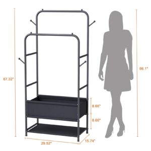 Furologee Double Rods Clothing Garment Rack with Storage Box,Clothing Rack for Hanging Clothes with 4 Side Hooks,Metal Frame Wardrobe Clothes Organizer for Bedroom,Living Room,Black