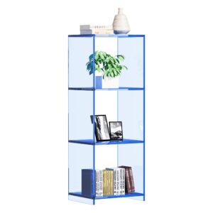 3 tier acrylic bookcase, clear floor standing acrylic bookshelf, 31.5 inch tall display cube storage shelf home decor furniture for home, office, living room, bedroom, blue