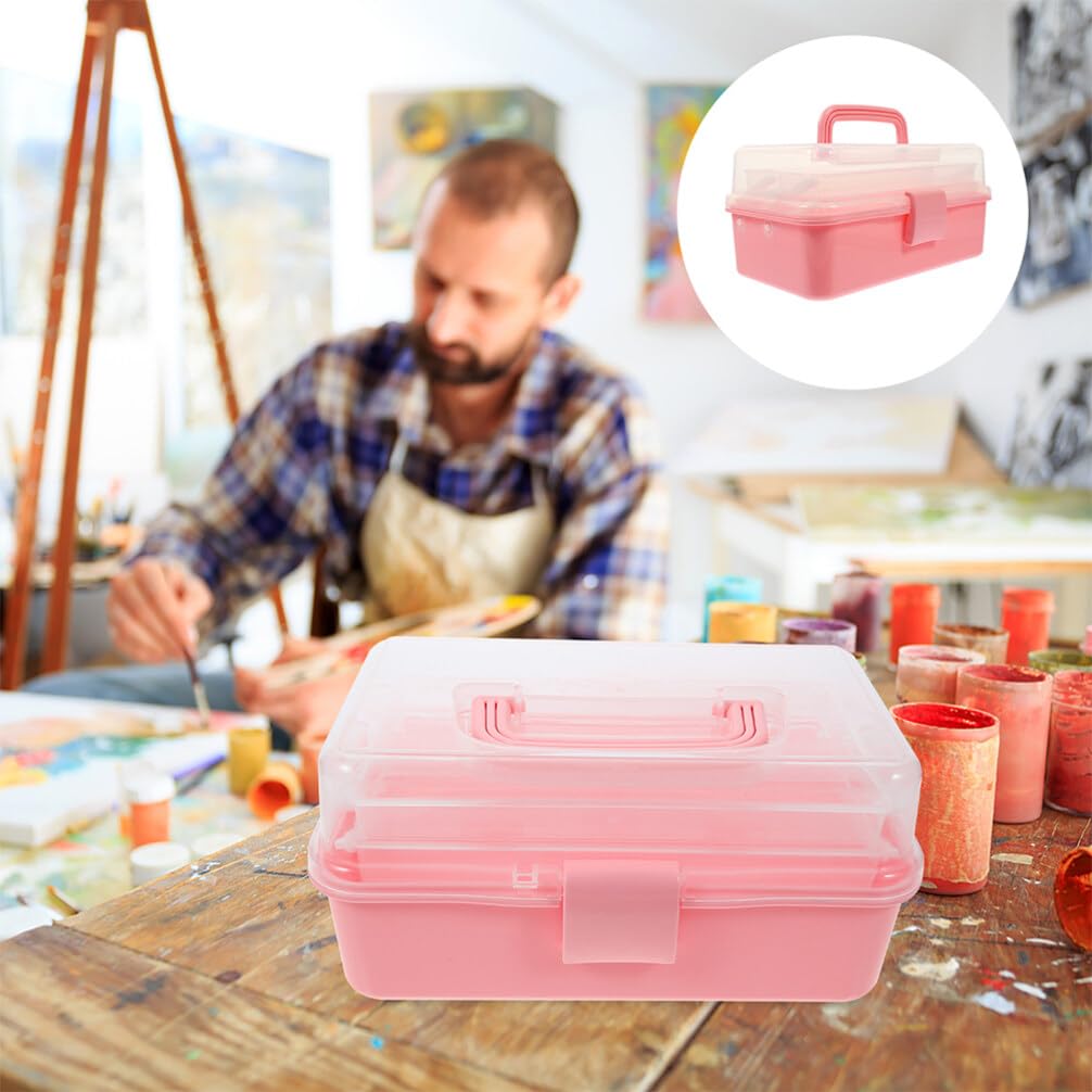 SEWACC Craft Box, 3 Layers Plastic Portable Storage Box Pink Art Box Multipurpose Organizer Handled Storage Case Tool Box for Tools Sewing Kit Arts Crafts Supplies