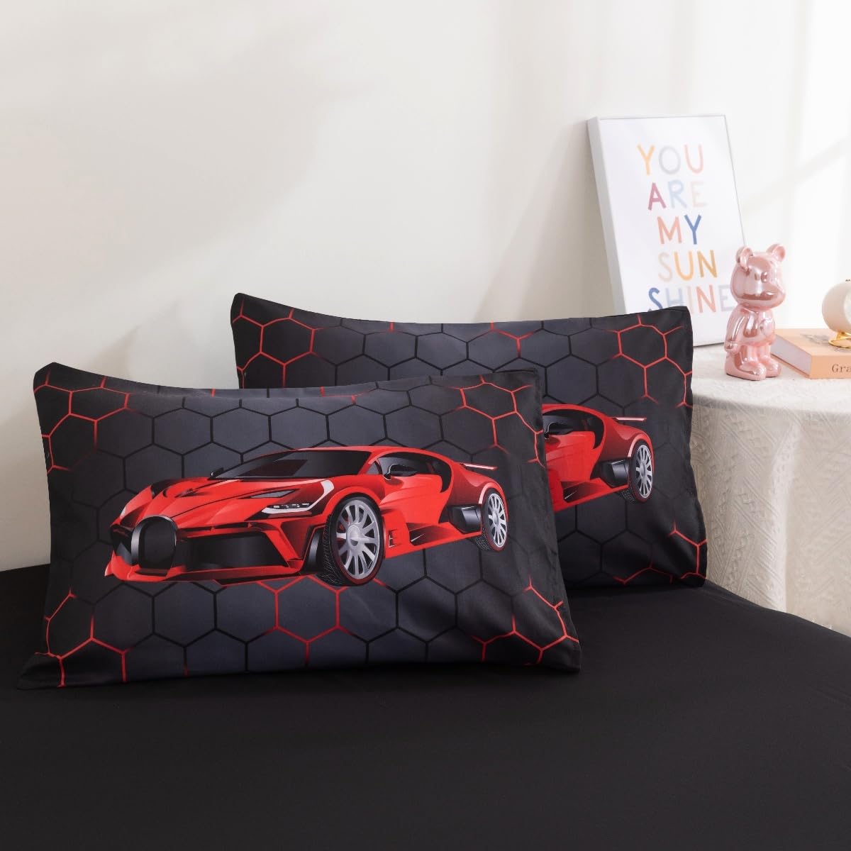 Podol 5 Pieces Race Car Comforter Set Twin Size Red Sports Car Bedding Sets for Boy 3D Geometric Bed in a Bag with 1 Comforter, 2 Pillowcases, 1 Flat Sheet and 1 Fitted Sheet