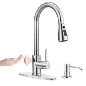 homikit touchless kitchen faucets with pull down sprayer & soap dispenser, automatic motion sensor smart faucet for kitchen sink, brushed nickel single handle stainless steel faucet for farmhouse rv