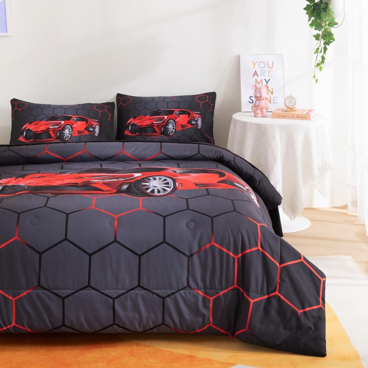 Podol 5 Pieces Race Car Comforter Set Twin Size Red Sports Car Bedding Sets for Boy 3D Geometric Bed in a Bag with 1 Comforter, 2 Pillowcases, 1 Flat Sheet and 1 Fitted Sheet