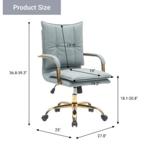 DRKAT Leather Home Office Desk Chairs Comfy Office Chair, Mid-Back Adjustable Swivel Computer Chair with Golden Legs and Arms, Modern Upholstered Task Chair with Wheels, Sage