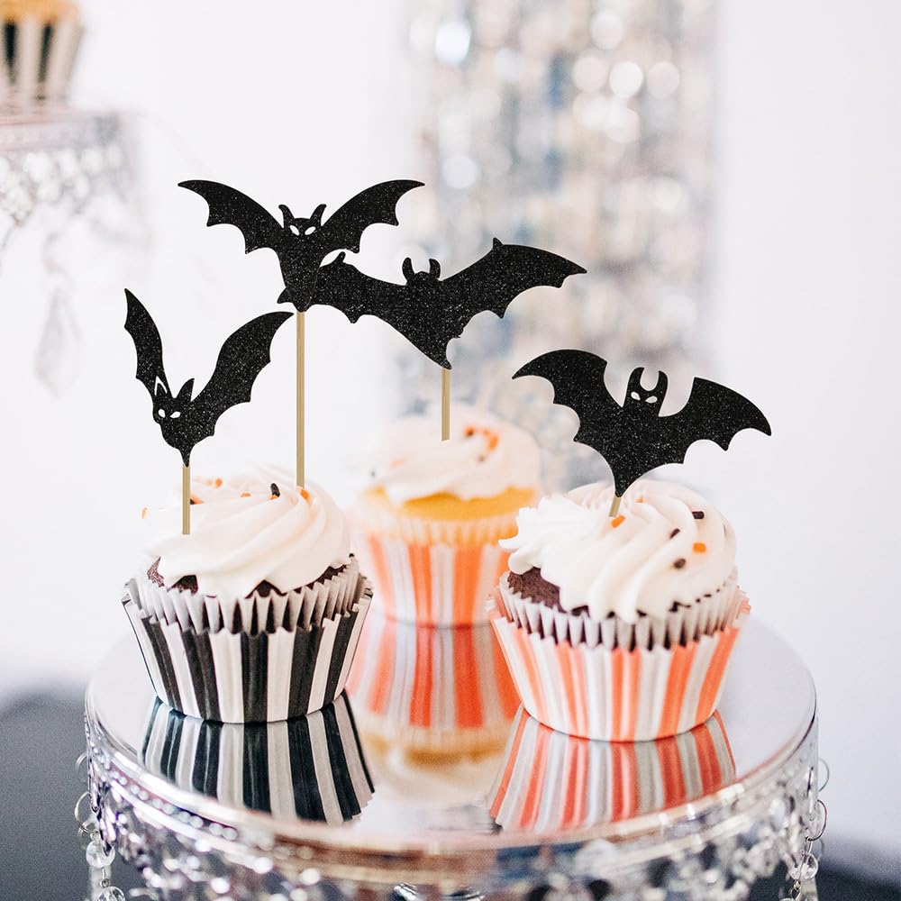 12 Pcs Halloween Cupcake Toppers, Halloween Bat Cake Decorations, Halloween Cupcake Decorations, Black Glitter Bat, Halloween Cupcake Picks for Halloween Theme Party, Bat Birthday, Baby Shower