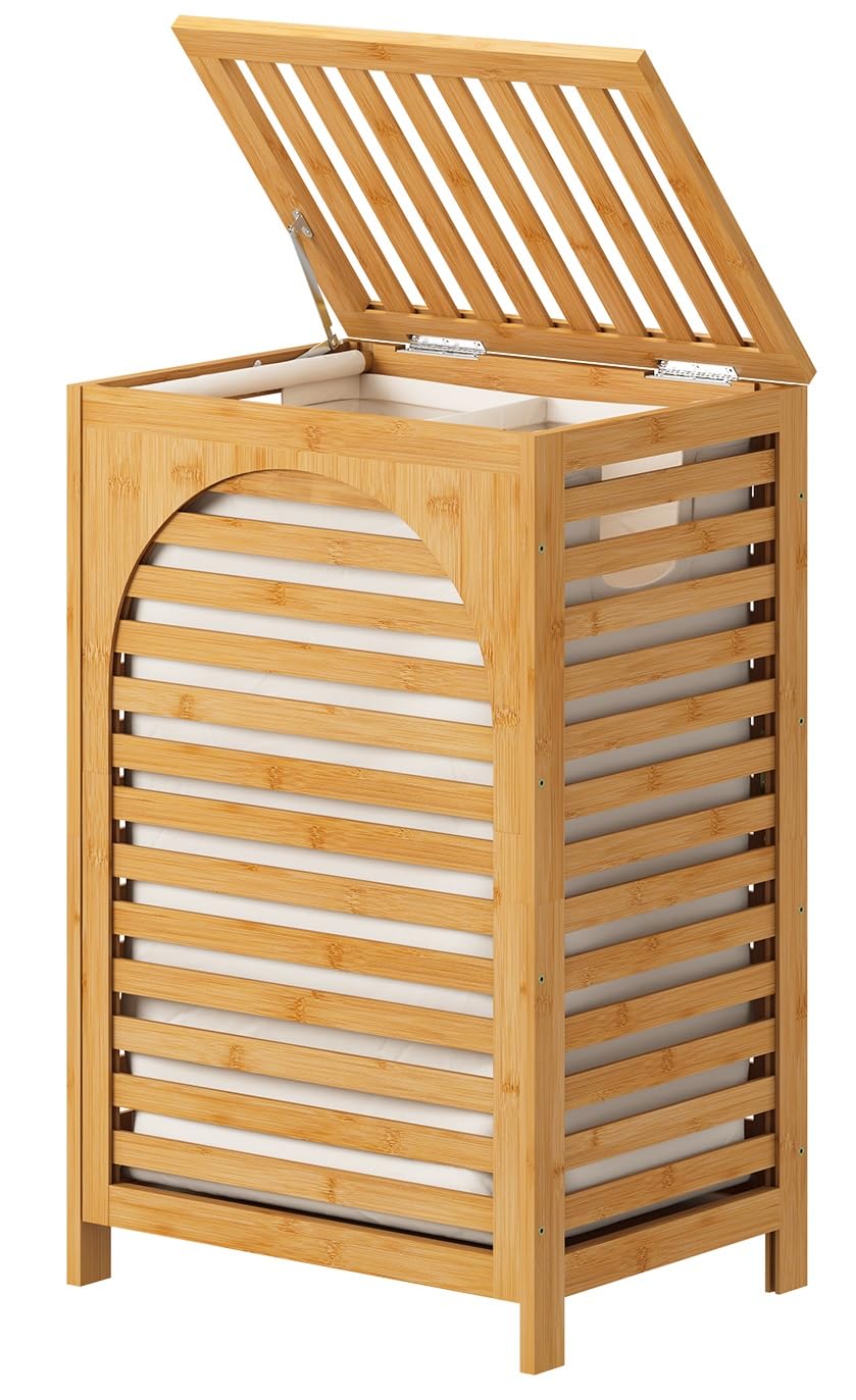 Laundry Hamper, 22.5 Gallon (85L) Bamboo Wood Clothes Laundry Basket with Lid and Handles, Removable Liner (Natural)