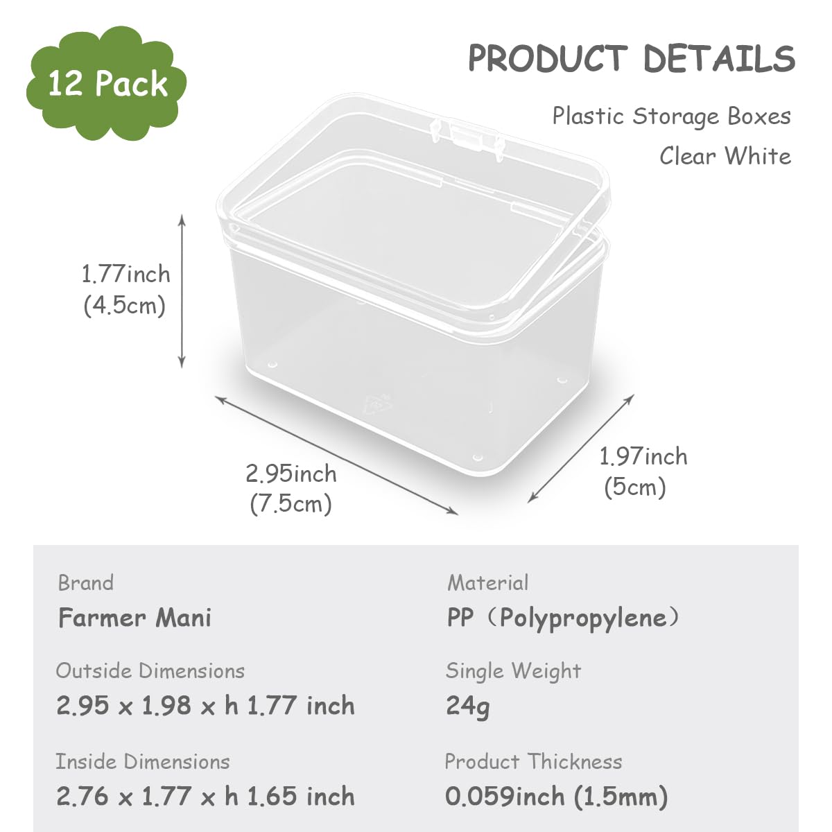 Farmer Mani Rectangular Clear Plastic Organizer Storage Box Containers 2.95x1.97x1.77 in,Small Containers, Small Plastic Containers Pack of 12