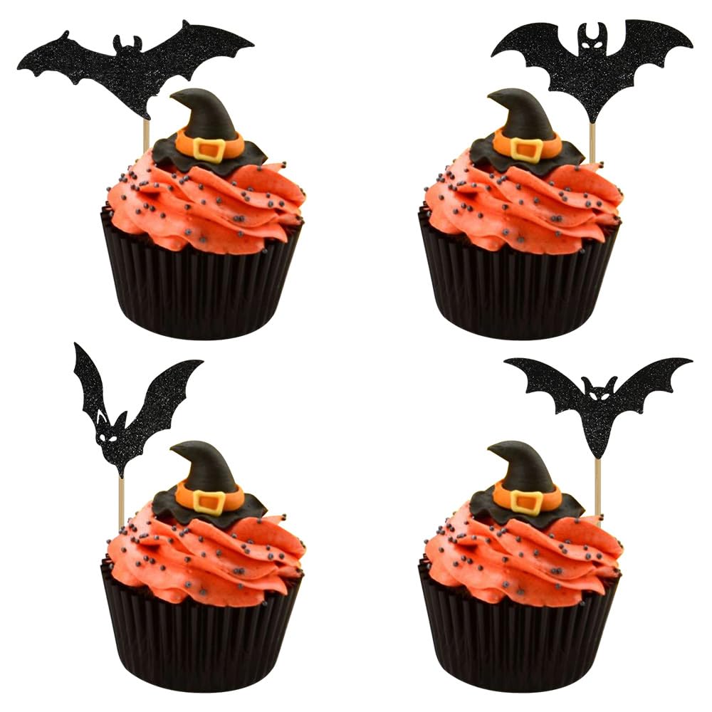 12 Pcs Halloween Cupcake Toppers, Halloween Bat Cake Decorations, Halloween Cupcake Decorations, Black Glitter Bat, Halloween Cupcake Picks for Halloween Theme Party, Bat Birthday, Baby Shower