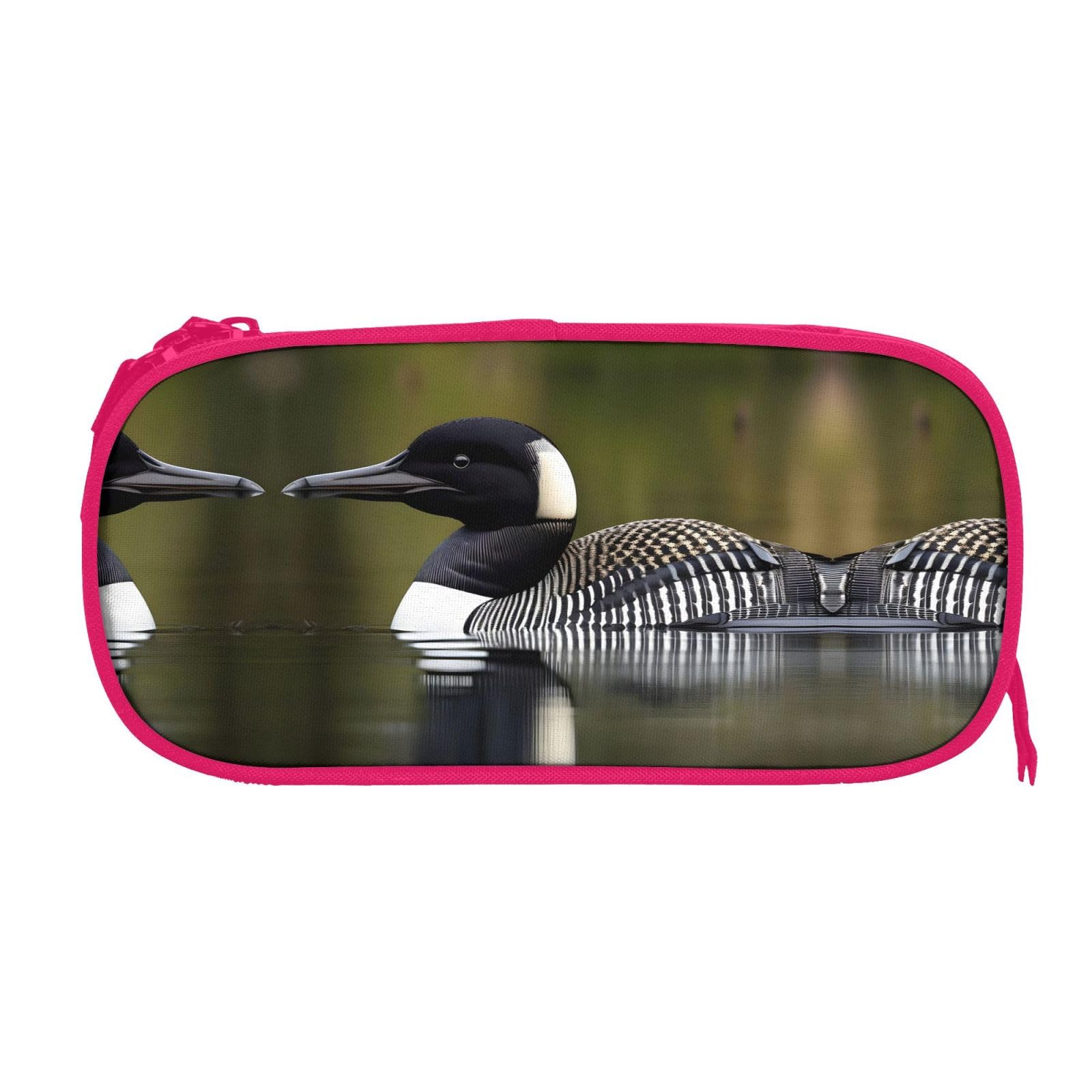 ZEEHXQ Loon Nature Bird Print Large Pencil Case Pouch With Zipper,Adults Office Stationery Travel Makeup Bag, Pink, RXZER23