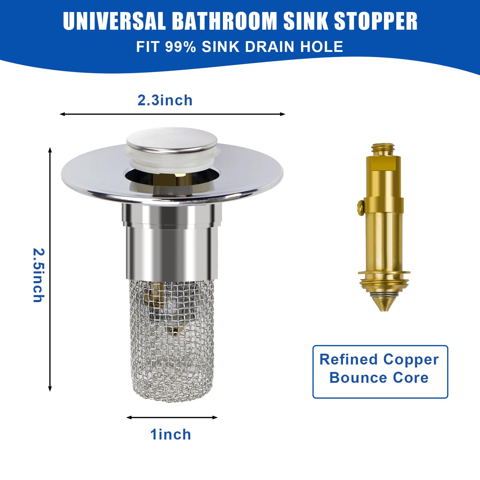 2Pcs Bathroom Sink Drain Strainer Hair Catcher, Pop Up Sink Drain Stopper with Removable Stainless Steel Filter Basket, for US Universal Bathroom Kitchen Basin Sink Stopper Replacement