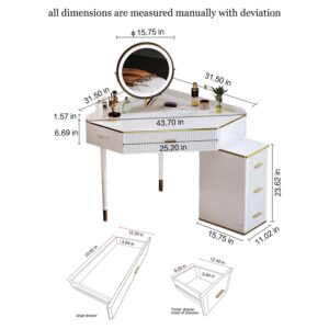 Makeup Vanity Desk with Mirror and Lights, Modern White Corner Vanity Desk, Large Size Corner Vanity Desk, Vanity Table with 4 Drawers, With Power Strip and Nightstand,Writing Desk, White Vanity