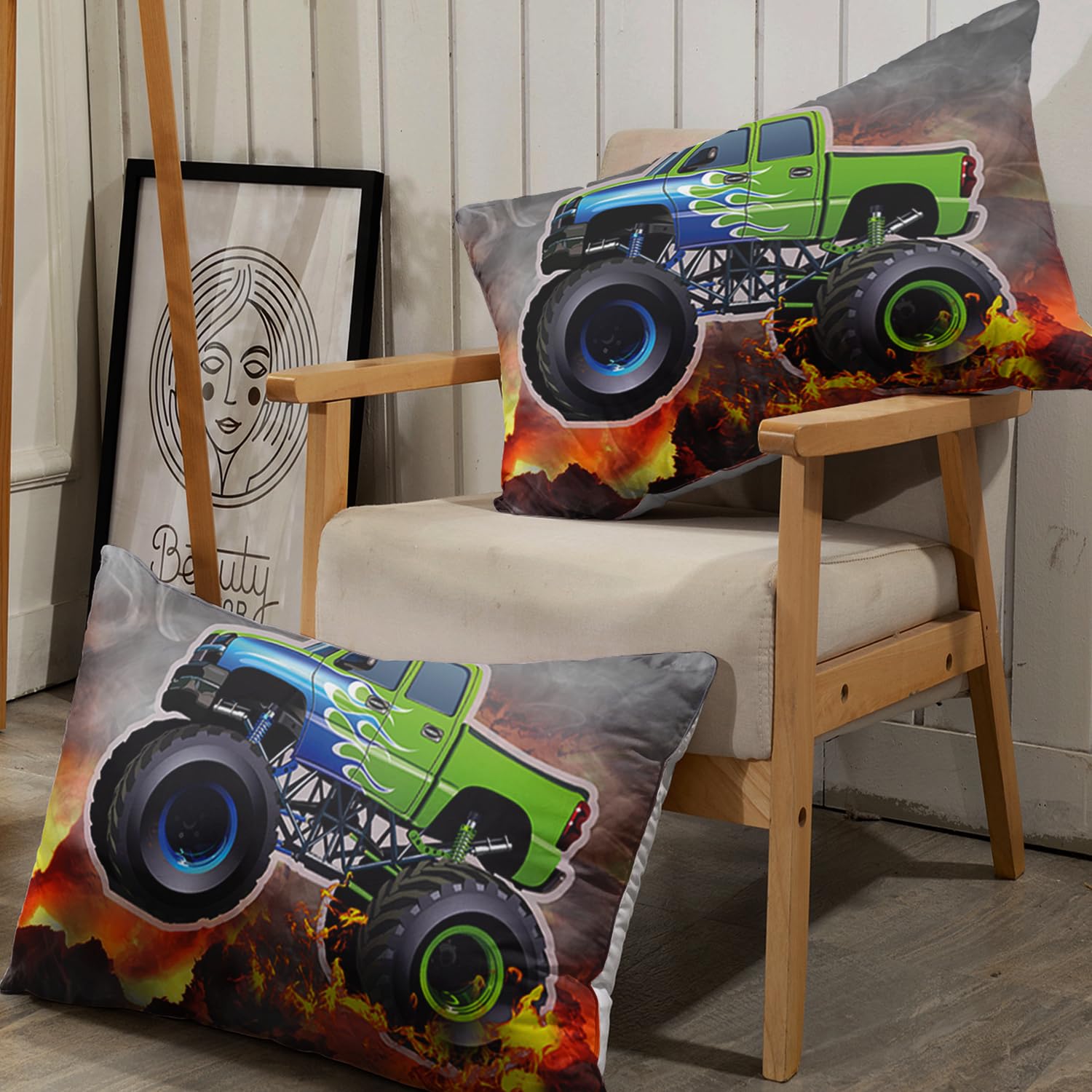 AILONEN Cartoon Green Trucks Fitted Sheet Set Twin Size, Monster Trucks Bedding Set for Kids Boys,Extreme Sports Trucks Bed Sheet Set,3 Pieces,1 Fitted Sheet and 2 Pillowcases