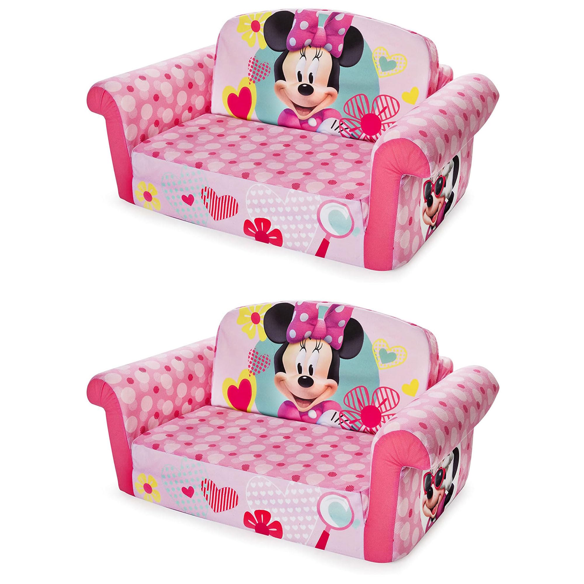 MARSHMALLOW Furniture 2 in 1 Kids Couch, Extendable Sleeper Toddler Couch, Reversible Toddler Chair for Lounging and Sleeping, Minnie Mouse (2 Pack)