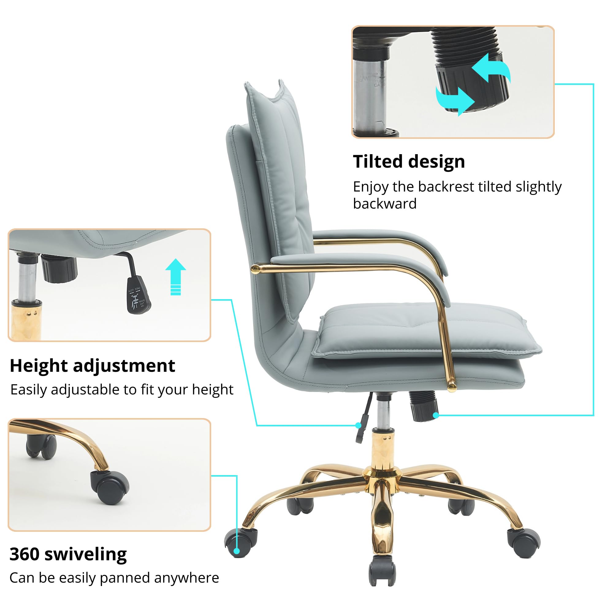 DRKAT Leather Home Office Desk Chairs Comfy Office Chair, Mid-Back Adjustable Swivel Computer Chair with Golden Legs and Arms, Modern Upholstered Task Chair with Wheels, Sage