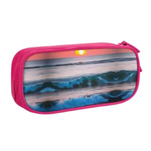 zeehxq sunset and sunrise with ocean sea waves print large pencil case pouch with zipper,adults office stationery travel makeup bag, pink, rxzer23