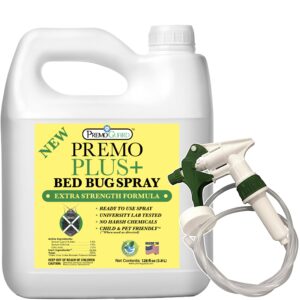 premo plus+ bed bug spray extra strength – 128 oz – fast acting bed bug treatment & killer – stain & scent free – child & pet safe – powerful new stronger formula – natural with no harmful chemicals