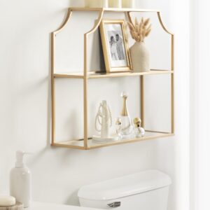 Kate and Laurel Ciel Modern Glam Wide Two-Tier Wall Shelf, 24 x 20, Gold, Tiered Bathroom Shelves for Over The Toilet Storage or Bedroom Makeup Organizer