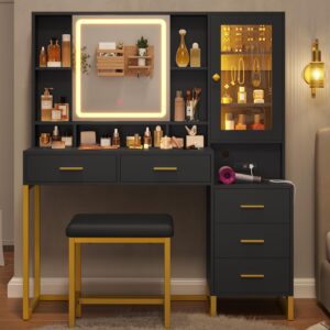 bthfst makeup vanity with upholstered stool & charging station, vanity desk with mirror and lights & jewelry storage, vanity table set with rgb lights & 5 drawers & shelves, black & gold