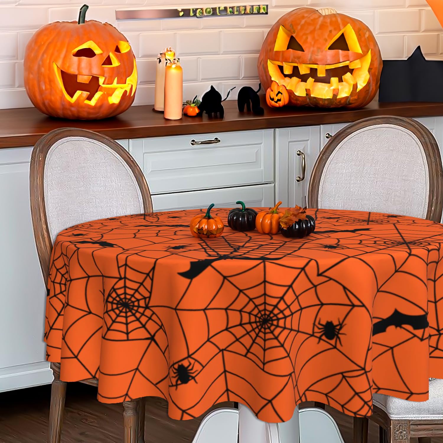 SuQKXCo Halloween Tablecloth Spider Web Orange Round Tablecloth 60 inch Table Cloths Cover Mat Spill Proof Table Covers for Kitchen Party Dinner Tabletop Decoration