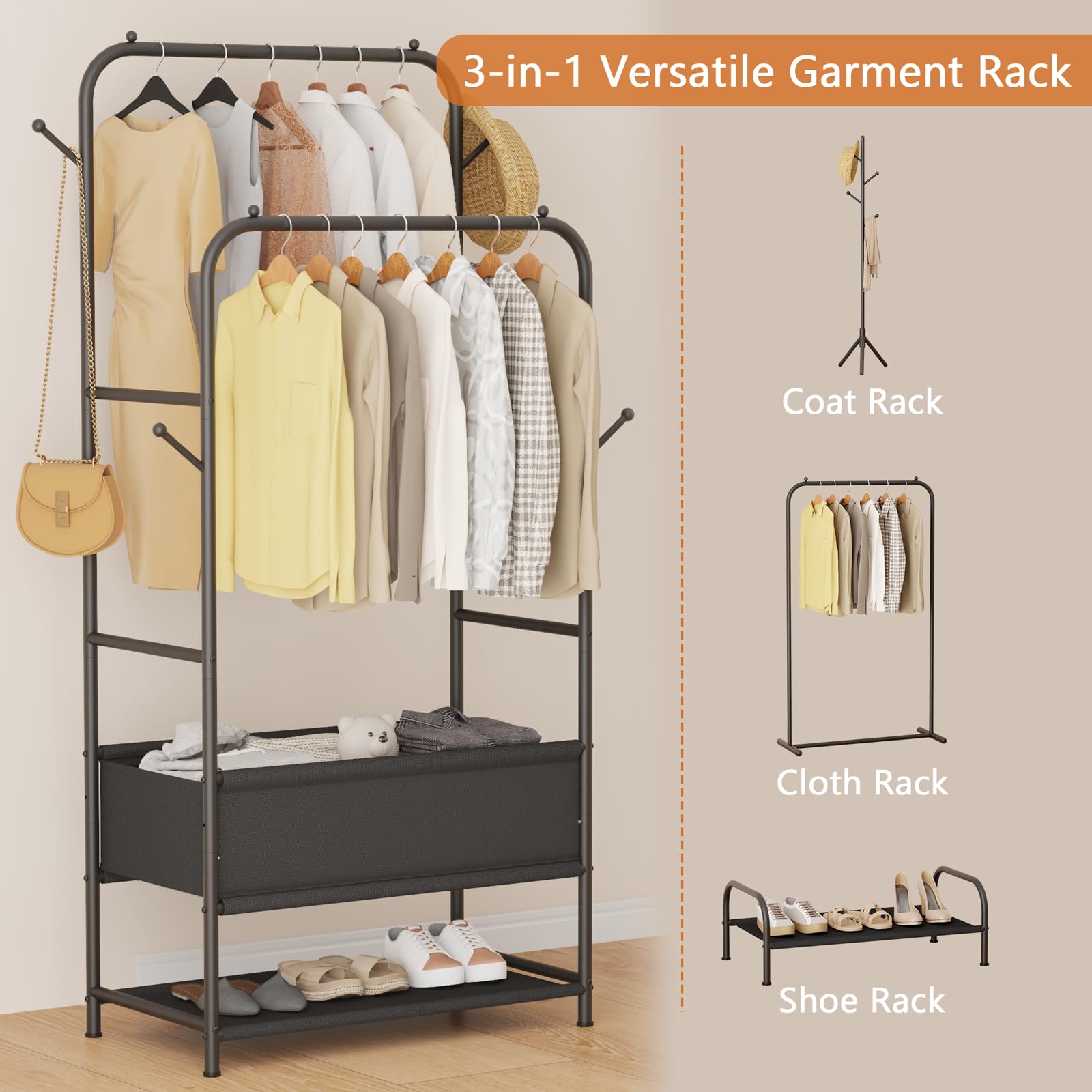 Furologee Double Rods Clothing Garment Rack with Storage Box,Clothing Rack for Hanging Clothes with 4 Side Hooks,Metal Frame Wardrobe Clothes Organizer for Bedroom,Living Room,Black