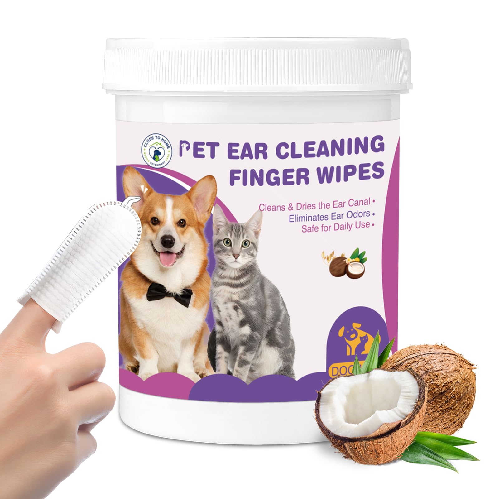 65pcs Pet Ear Cleaning Finger Wipes Cat Dog Ear Wipes Cleaner Cat and Dog Care Remove Earwax Debris Deodorize Relieve Ear Itching and Inflammation Non-Irritating Easy to Use Plant Fragrance