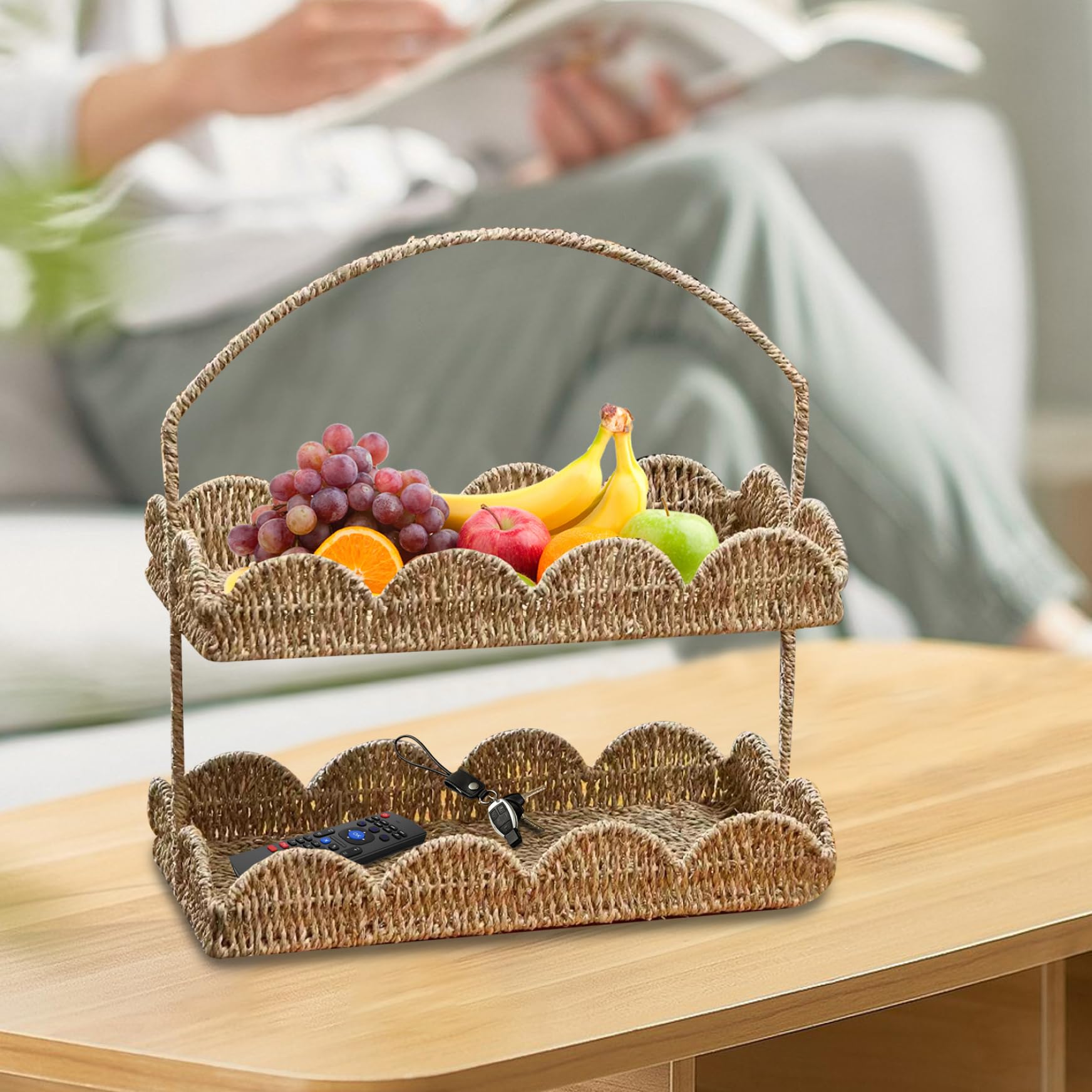 Peosaard Seagrass Baskets 2 Layers Scalloped Basket Tray with Handle Rustic Decorative Woven Basket with Scalloped Edge Coffee Table Basket Organizer 15.6x7.9x9.8 Inch, Seagrass Storage Baskets